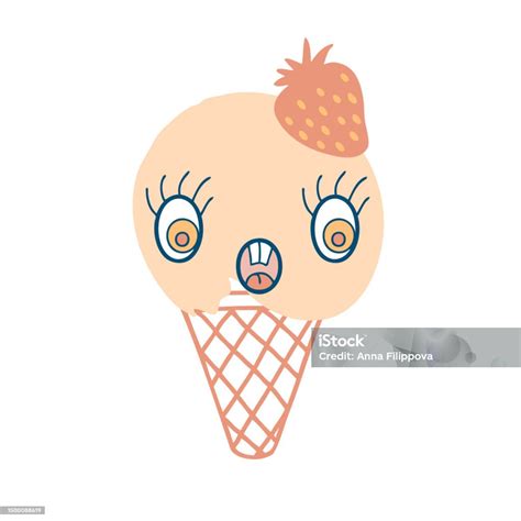 멍청한 눈을 가진 재미있는 얼굴 딸기 아이스크림 콘 캐릭터 티 스티커 포스터를 위한 완벽한 인쇄 장식과 디자인을 위한 복고풍
