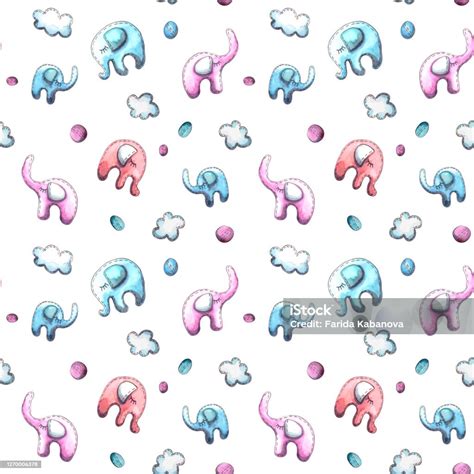 수채화 일러스트레이션 어린이 용 직물 벽지의 원활한 패턴 장난감 파란색과 분홍색 코끼리 흰색 배경에 격리 귀여운에 대한 스톡 벡터 아트 및 기타 이미지 Istock