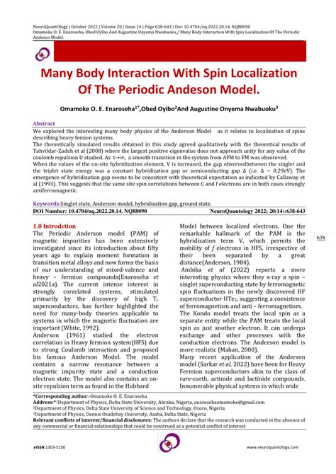 Pdf Many Body Interaction With Spin Localization Of The Periodic Anderson Model