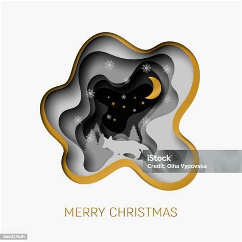 메리 크리스마스 3d 추상 종이 잘라 밤에 여우 나무 눈 달과 별의 그림 0명에 대한 스톡 벡터 아트 및 기타 이미지 0명 겨울 공예 Istock