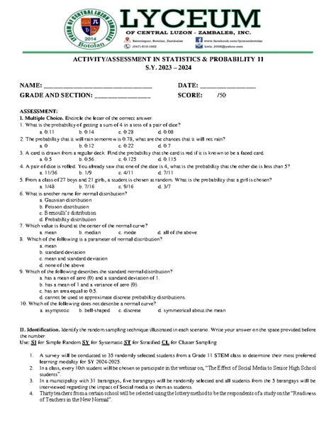 STAT PROB 11 LONG Activity Worksheet 03 ACTIVITY ASSESSMENT IN STATISTICS PROBABILITY 11