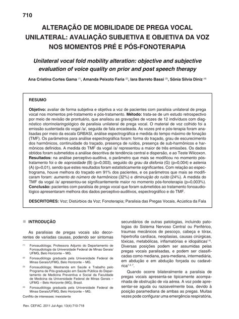 Pdf Unilateral Vocal Fold Mobility Alteration Objective And Subjective Evaluation Of Voice