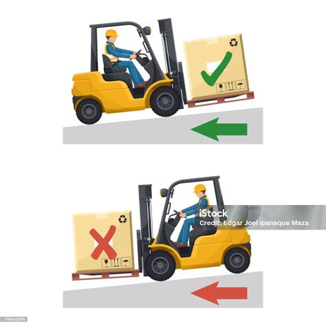 경사면에서 지게차 사용 짐을 싣고 비탈길을 오르내립니다 지게차 취급의 안전 보안 제일 직장에서의 사고 예방 산업안전보건전공 운전하기에 대한 스톡 벡터 아트 및 기타 이미지