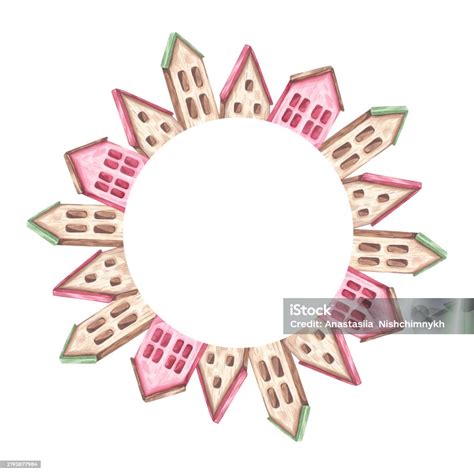 화 환 나무 작은 집 둥근 프레임 미니어처 마을 마을 그놈이나 엘프를 위한 붉은 녹색 경사진 지붕이 있는 전원주택 크리스마스 새해를 위해 손으로 그린 수채화 그림 고립 된