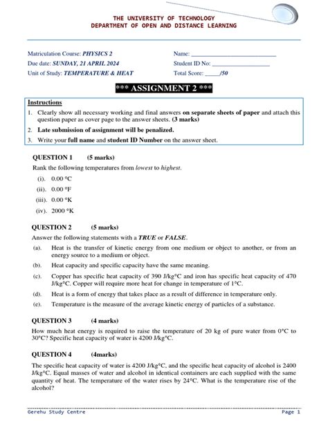 physics 2 assignment 2 s1 2024 download free pdf heat temperature