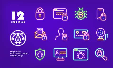 해킹 및 컴퓨터 바이러스 보호 세트 아이콘 자물쇠 웹사이트 버그 바이러스 수비수 안전 이메일 은행 카드 감시 카메라 방패 돋보기 개인 정보 보호 개념 네온 빛 벡터 선