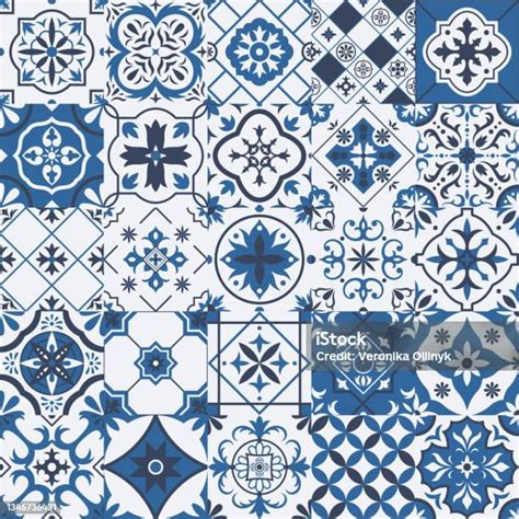 전통적인 멕시코 및 포르투갈 도자기 세라믹 타일 패턴 아줄레호 탈라베라 지중해 패치워크 타일 벡터 일러스트 세트 세라믹 민족 민속 장식 패턴에 대한 스톡 벡터 아트 및 기타