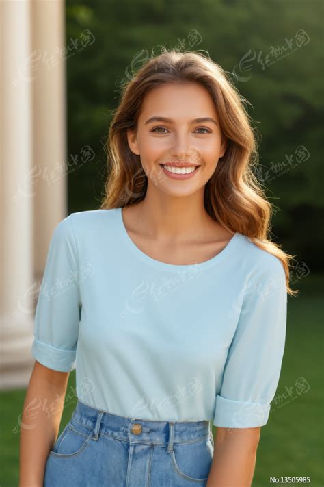 穿着蓝色上衣和牛仔裤的微笑女人站在大楼前ai图片下载 红动中国