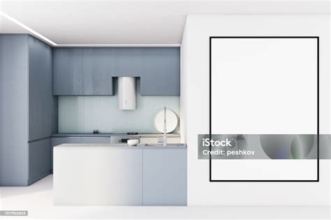 벽에 빈 흰색 포스터와 파란색 선반 콘크리트 바닥과 천장 인테리어 디자인 개념 3d 렌더링 모의 밝은 부엌 인테리어 0명에 대한 스톡 사진 및 기타 이미지 Istock