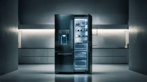 A Large Black Refrigerator With Its Door Open In A Dark Room Ai Stock