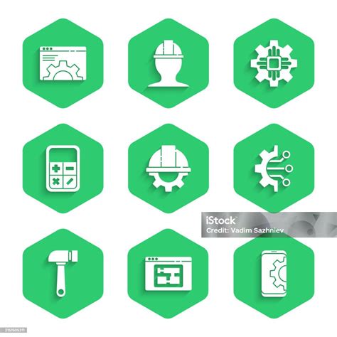 작업자 안전모 및 장비 집 계획 스마트폰 설정 알고리즘 망치 계산기 프로세서 및 브라우저 설정 아이콘을 설정합니다 벡터 Brand Name Smart Phone에 대한 스톡