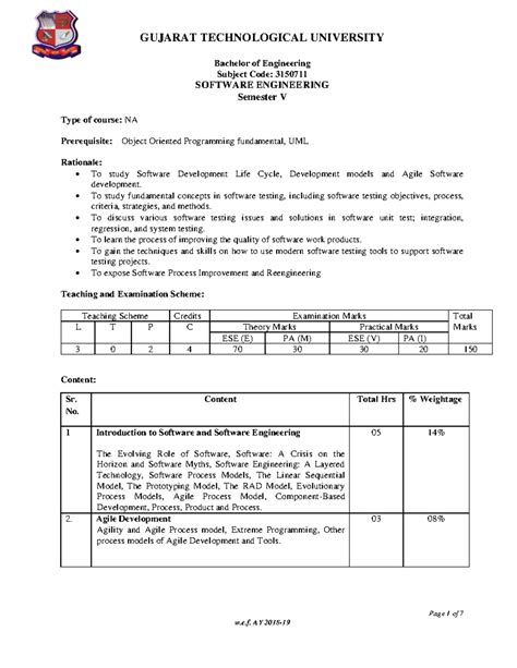 Se Gtu Syllabus Bachelor Of Engineering Subject Code 3150711 Page 1 Of 7 Software Engineering