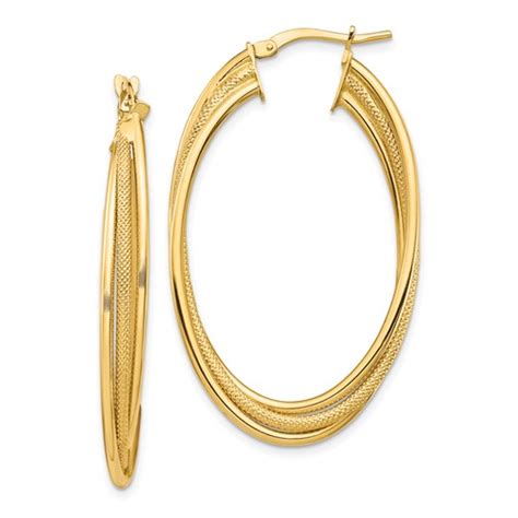 14k Yellow Gold Triple Twisted Oval Hoop Earrings With Polished And