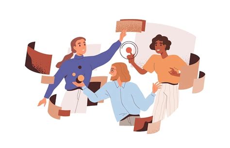 팀은 기술 공간의 추상 프로젝트에서 작업합니다 비즈니스 프로세스 자동화 개념입니다 사람들은 팀워크 중에 사이버 공간과 상호