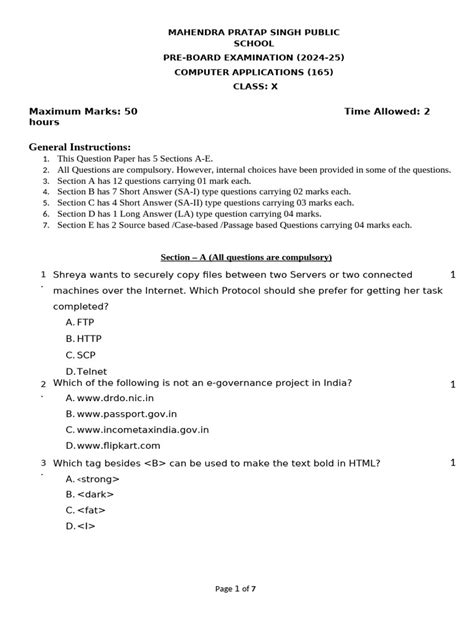 Cbse Class 10th Computer Application Sample Paper 2024 25 Pdf World