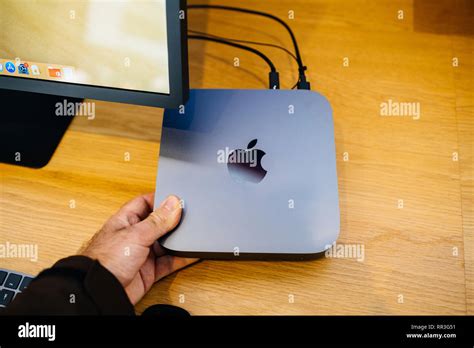 Paris France Nov 7 2018 Male Hand Holding New Apple Mac Mini