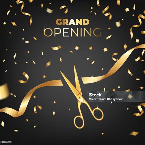 금색 가위 리본 및 색종이 조각이 있는 그랜드 오프닝 카드 디자인 현실적인 템플릿 초대장 Ribbon Cutting에 대한 스톡 벡터 아트 및 기타 이미지 Istock