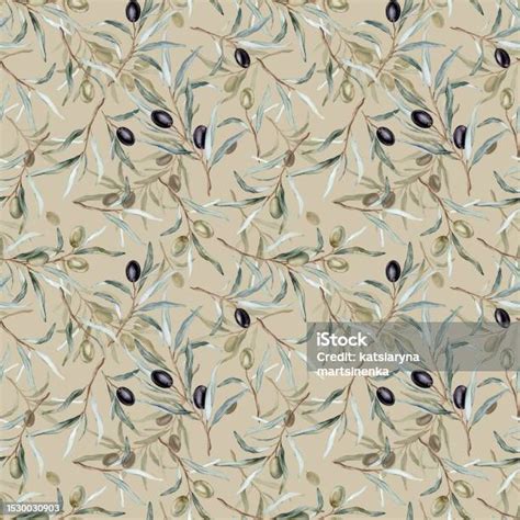 검은색과 녹색 올리브와 가지가 있는 수채화 이음매 없는 패턴 손으로 그린 올리브는 밝은 배경에 분리되어 있다 디자인 인쇄 직물 또는 배경에 대한 식물 삽화 검은색에 대한