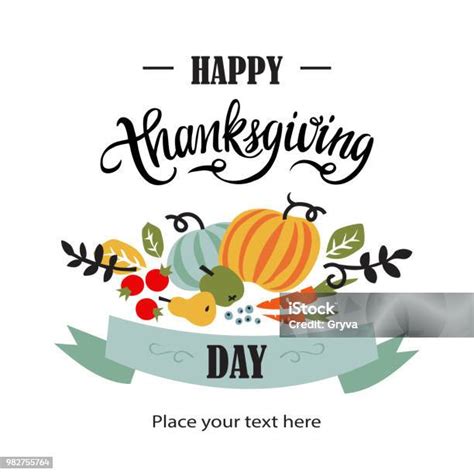 행복 한 추수 감사절 손 타이 포 그래피 포스터를 그려 야채 추수 감사절에 대 한 인사말 카드 과일 열매 및 잎 서 예 문자