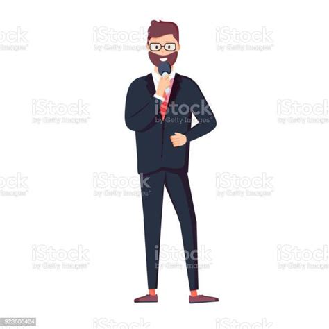 마이크 서 고 얘기를 들고 스마트 사업가의 벡터 그림 문자 평면 디자인 일러스트입니다 가수에 대한 스톡 벡터 아트 및 기타 이미지 가수 공연 기술 Istock