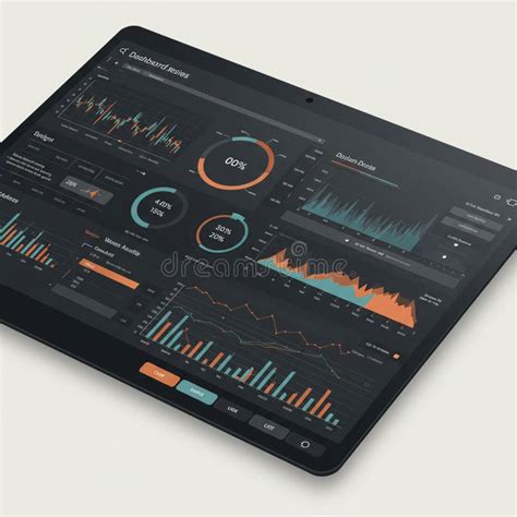 Tablet Displaying A Data Analytics Dashboard Features A Dark Theme With Graphs Stock