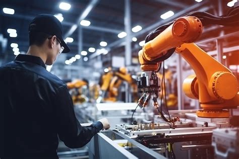 Premium Photo Engineer Check And Control Automation Robot Arms Machine In Intelligent Factory