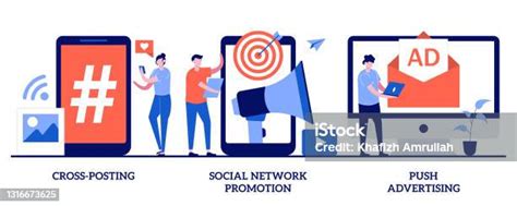 교차 게시 소셜 네트워크 프로모션 작은 사람들과 광고 개념을 밀어 미디어 프로모션 벡터 일러스트레이션 세트입니다 댓글 과 같은 디지털 마케팅 Smm 및 게시물 공유 은유