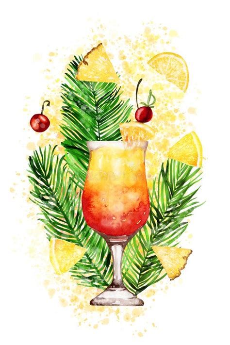 Hand Drawn Watercolor Sex On The Beach Cocktail On Paint Splashes Stock