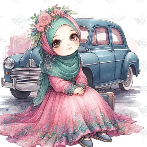 بک گراند کودکانه دختر زیبای محجبه با لباس صورتی و سبز و چمدان کنار