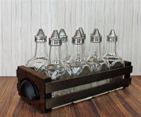 Vintage Oil And Vinegar Glass Bottle Set Of 8 With Wooden Rack Holder Sauce Bottle Set Cruet