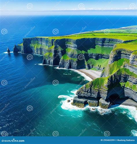 Aerial View Of The Cliffs Of Moher In Beautiful Blue Ocean And Green