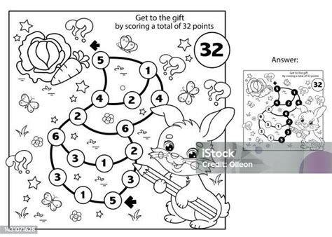 수학 추가 게임 아이들을위한 퍼즐 미로 색칠 공부 페이지 개요 만화 귀여운 토끼 또는 당근과 양배추가있는 토끼 어린이를위한 색칠 공부 책 더하기 기호에 대한 스톡 벡터 아트