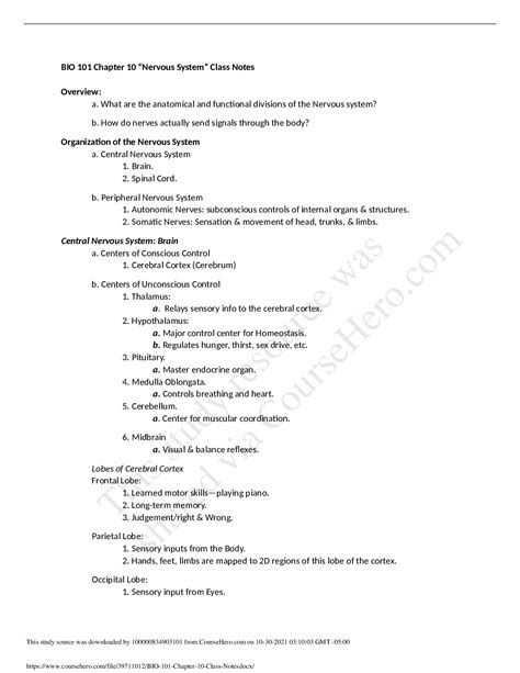 Bio 101 Chapter 10 Class Notes {nervous System} Scholarfriends