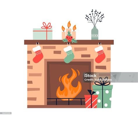 즐거운 성탄절 크리스마스 양말 벽난로 휴일 장식 흰색 배경에 격리 플랫 스타일의 새해 벡터 일러스트레이션 굴뚝에 대한 스톡 벡터