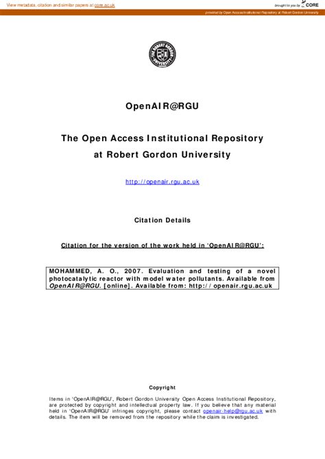 Pdf Evaluation And Testing Of A Novel Photocatalytic Reactor With Model Water Pollutants