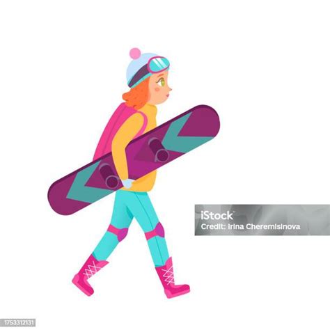 스노보드 벡터 삽화를 가진 소녀는 흰색 배경에 고립되어 있다 추운 겨울에 스노보드를 타고 슬로프를 타고 내려가는 여성 캐릭터 보드를 타고 귀여운 행복한 활동적인 여성과 함께