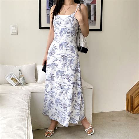 여자 풀숲 프린팅 브이넥 끈나시 여름 롱원피스