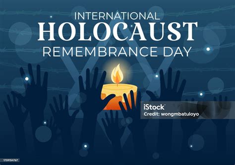 국제 홀로코스트 현충일 벡터 일러스트 레이 션 1월 27일 노란색 별과 촛불 평면 배경에서 희생자를 기념하기 위해 Holocaust에 대한 스톡 벡터 아트 및 기타 이미지