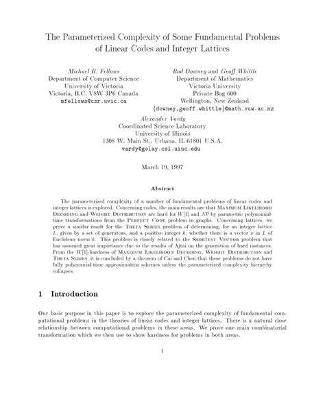 Pdf The Parameterized Complexity Of Some Fundamental Problems Of Linear Codes And Integer Lattices