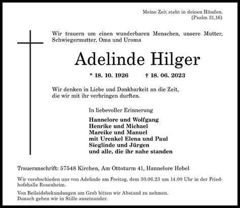 Traueranzeigen Von Adelinde Hilger Rz Trauer De