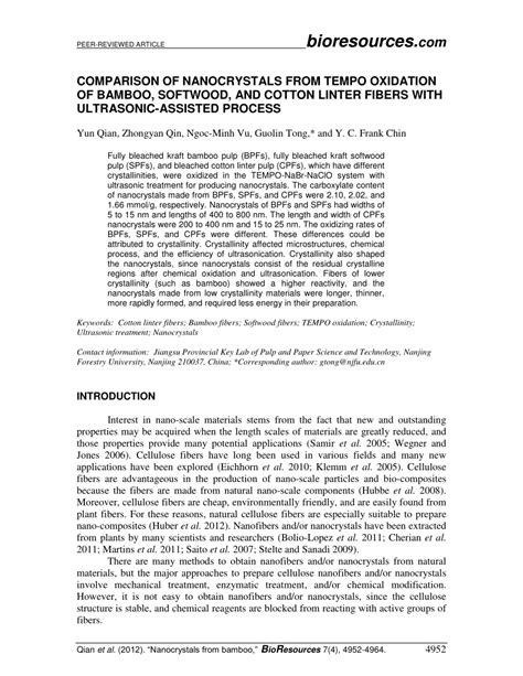 Pdf Comparison Of Nanocrystals From Tempo Oxidation Of Bamboo Softwood And Cotton Linter