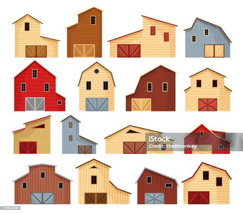 헛간 아이콘 세트입니다 농장 건축 건물 만화 농장 창고 소박한 복고풍 스타일의 나무 마구간 흰색 배경에 평면 스타일의 벡터 그림 농가에 대한 스톡 벡터 아트 및 기타 이미지