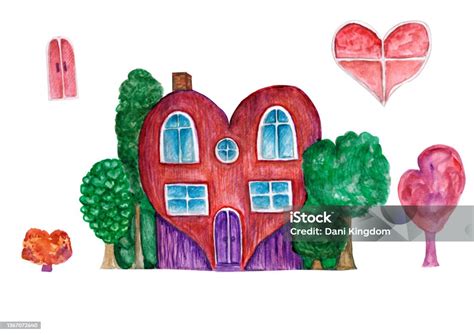 하트 벨벳 레드 핑크와 보라색 색조의 수채화 집 발렌타인 데이를위한 귀여운 정원 흰색 배경 초현실주의 0명에 대한 스톡 벡터