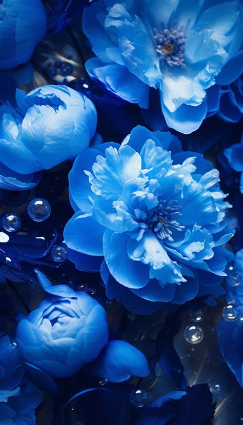 Синие пионы с каплями воды