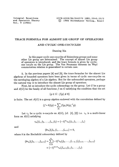 Pdf Trace Formula For Almost Lie Group Of Operators And Cyclic One