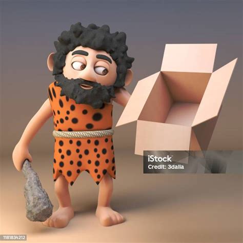 빈 골판지 상자 판지에서 찾고 원시 3d 원시인 캐릭터 3d 그림 3차원 형태에 대한 스톡 사진 및 기타 이미지 3차원 형태