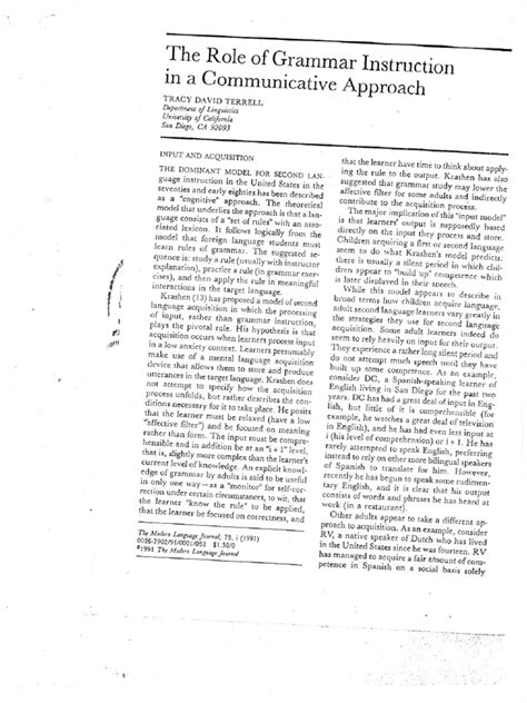 05 Terrell 1991 The Role Of Grammar Instruction In A Communicative