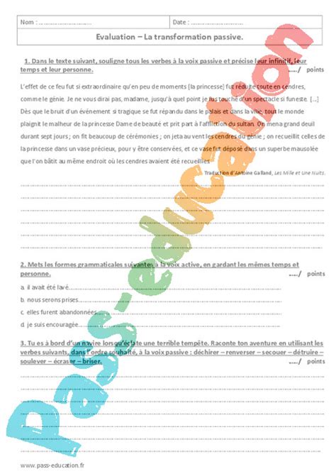 Evaluation Voix Passive Et Voix Active 5ème Bilan Et Controle