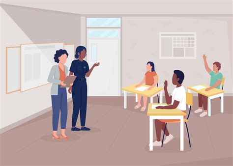 Policewoman Instructing Students Flat Color Vector Illustration