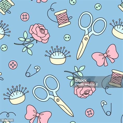 손으로 그려 바느질 낙서와 완벽 한 패턴입니다 귀여운 만화 스타일에 패션 배경입니다 바늘 침대가 위 리본 단추 고풍스런에 대한 스톡 벡터 아트 및 기타 이미지 Istock